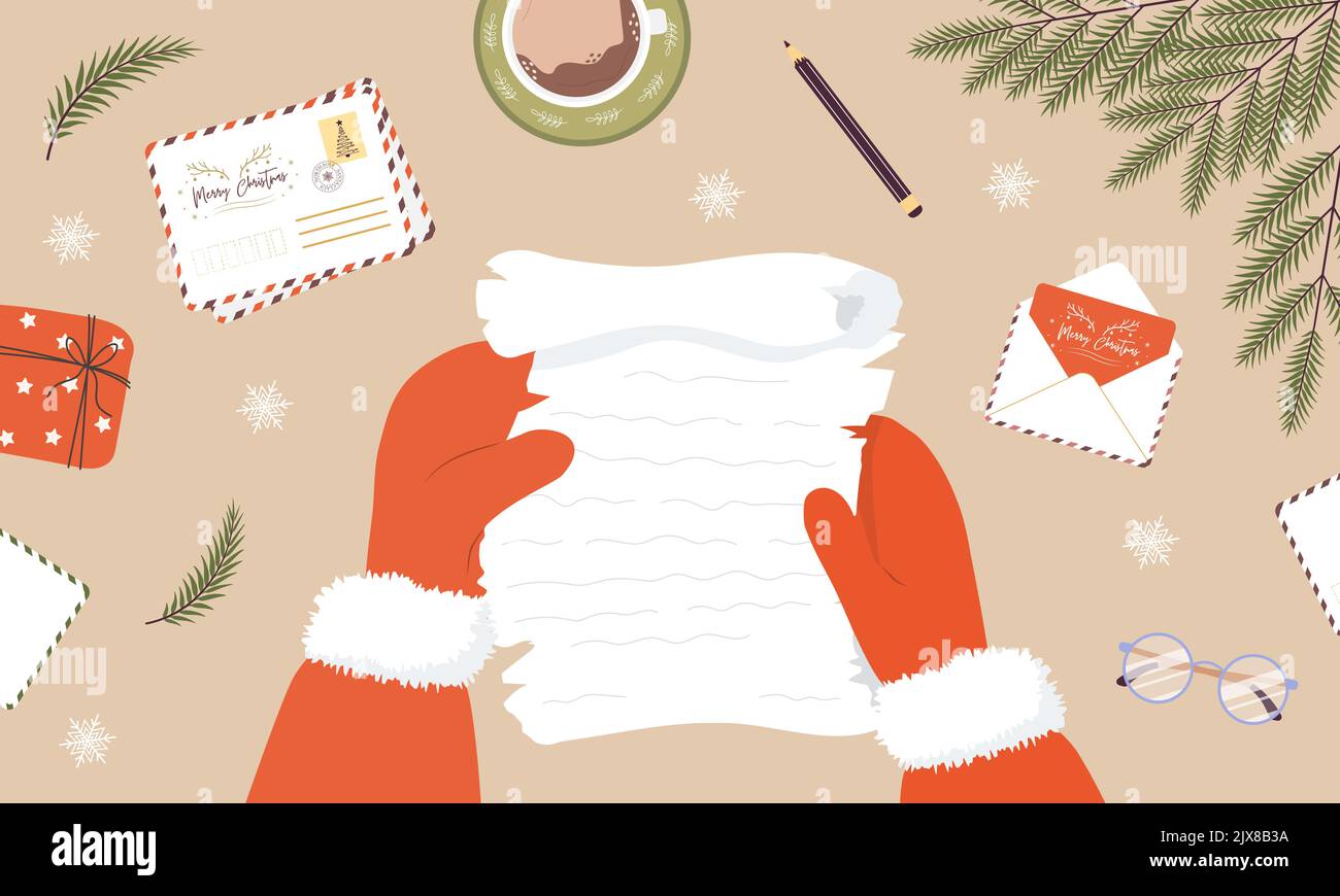 Santa claus hands holding childish letter. Receiving Christmas postcard ...