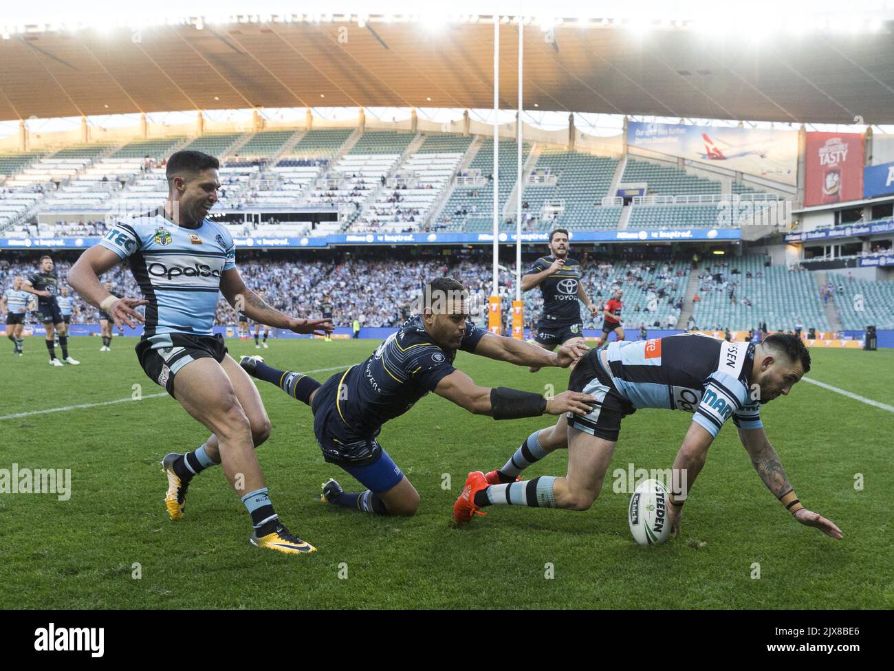 Jack Bird of the Sharks scores during the NRL elimination final between ...