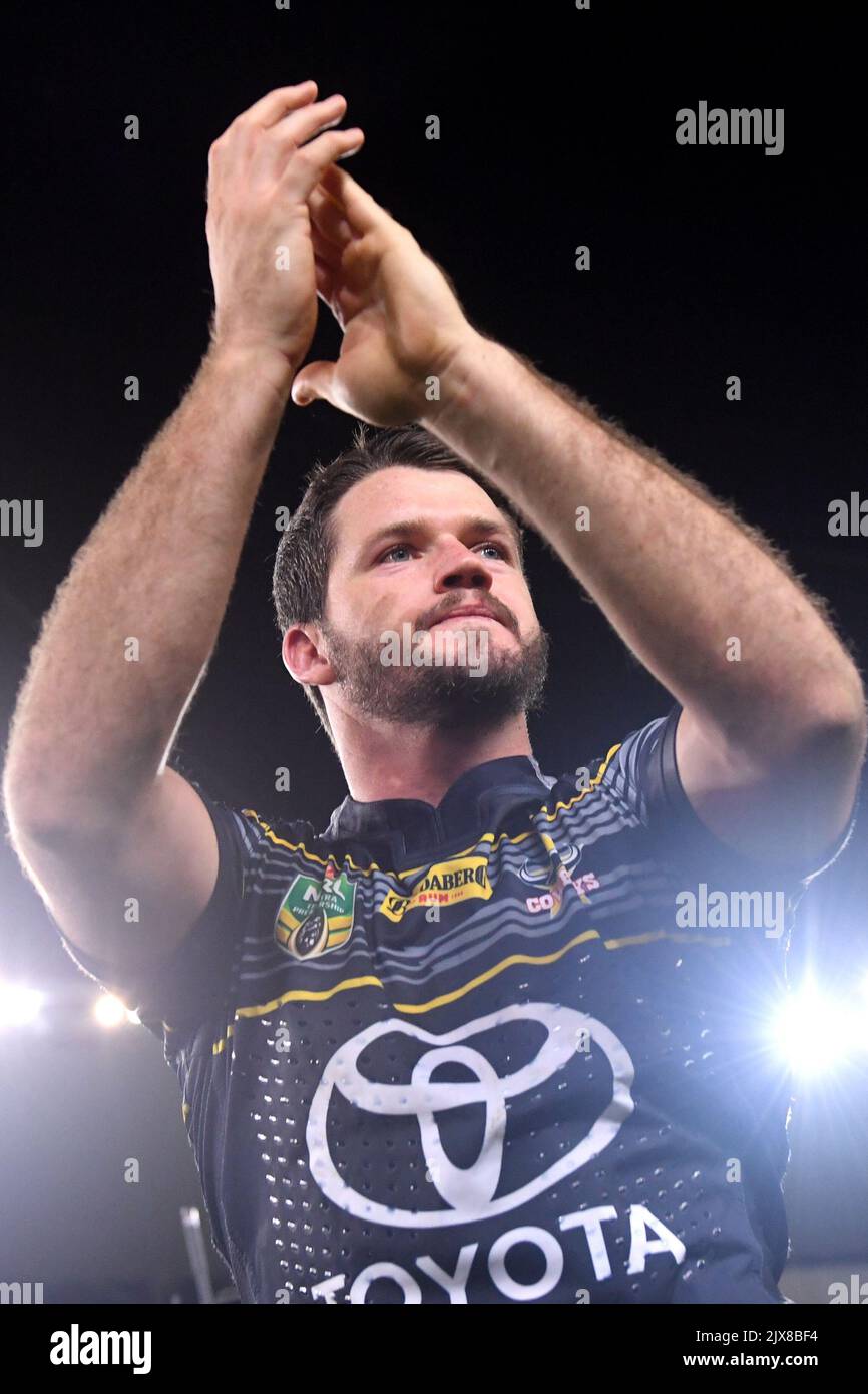 Lachlan Coote of the Cowboys celebrates their win in the NRL ...