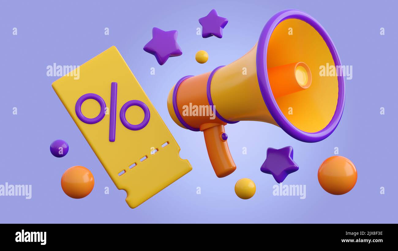 3d megaphone and coupon. Concept of shopping, discont and sales. High ...