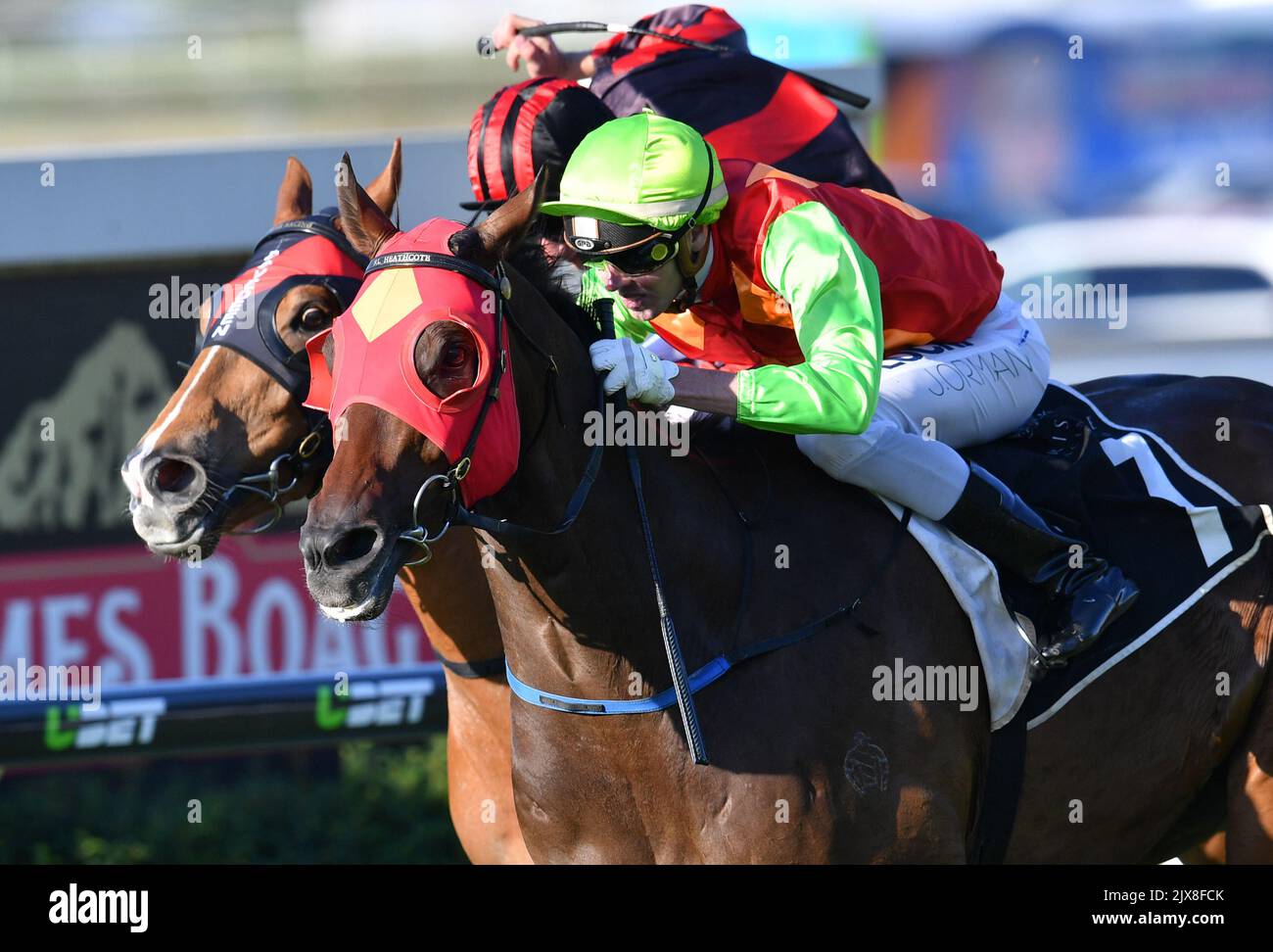 Jockey James Orman riding #7 Lordag (right) wins race 8, the Surf Life ...