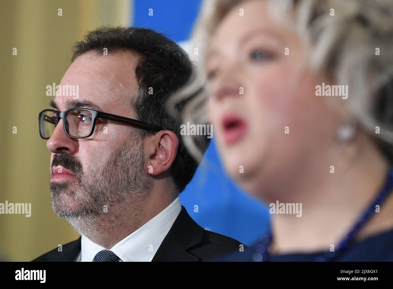 Attorney-General Martin Pakula (left) is seen at a press conference ...