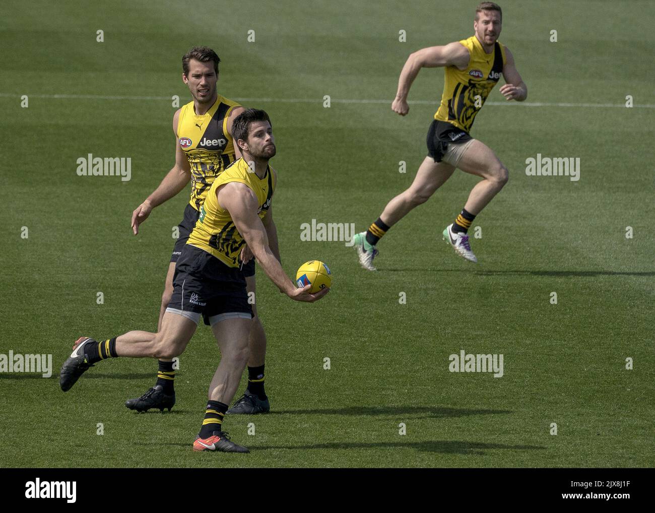 Richmond Captain Trent Cotchin (centre) is seen during a team training ...