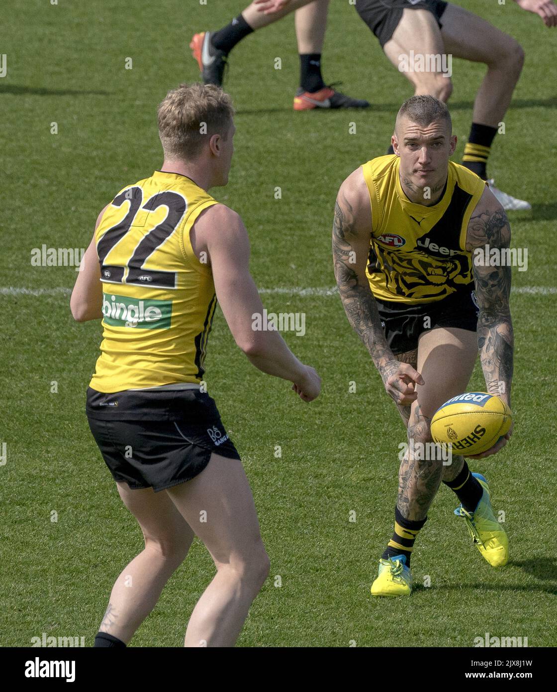 Dustin Martin (right) and Josh Caddy are seen during a team training ...