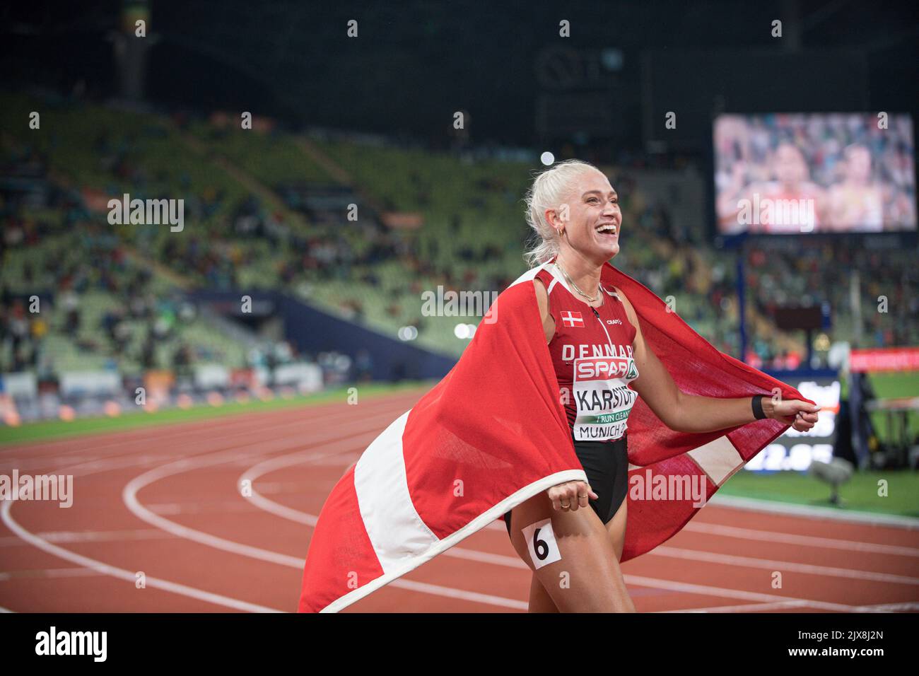 Ida Karstoft with her country's flag at the European Athletics ...