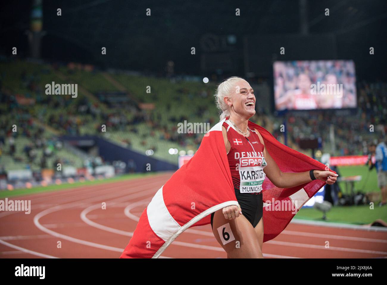 Ida Karstoft with her country's flag at the European Athletics ...