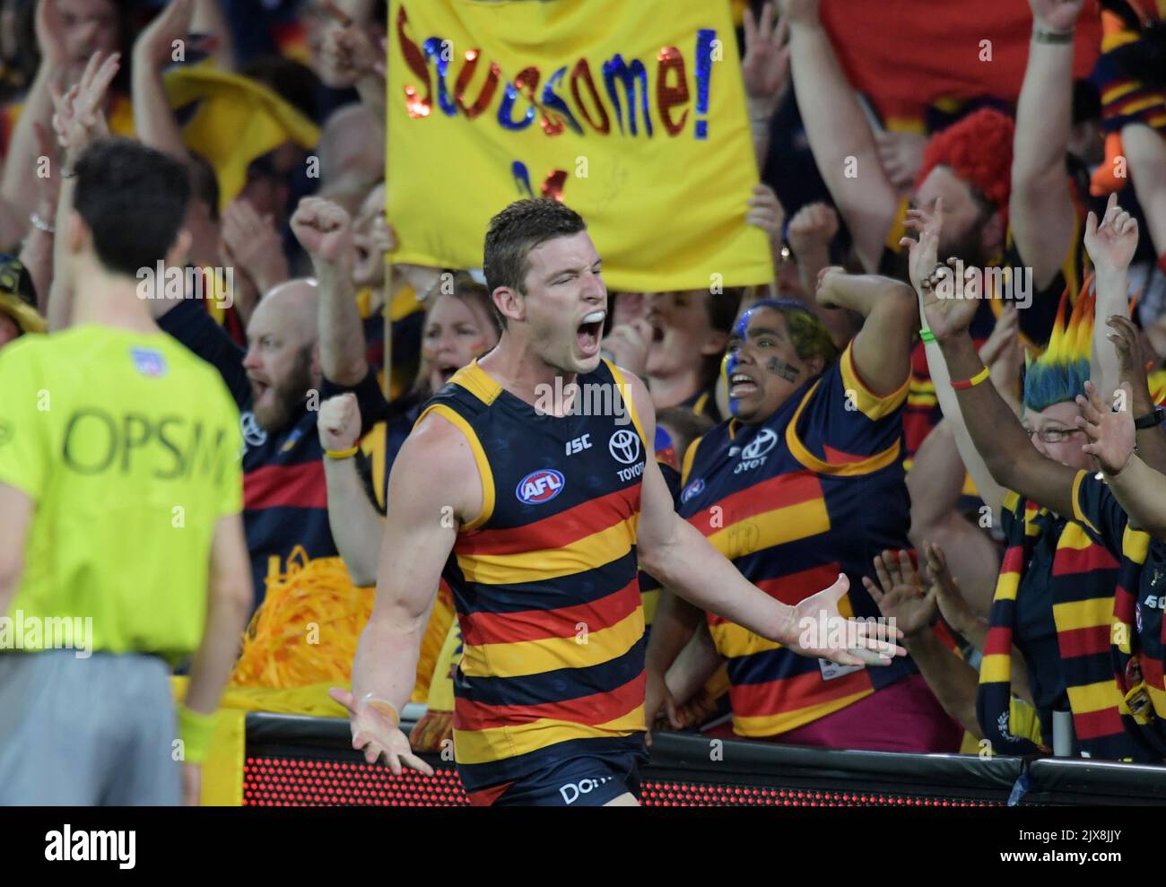 Josh Jenkins of the Crows celebrates a goal during the Adelaide Crows ...