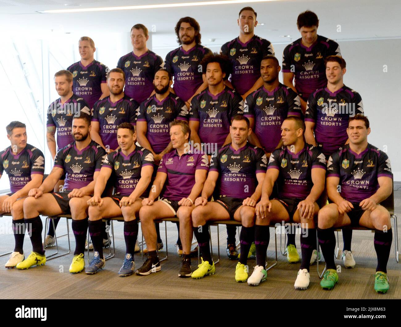 Melbourne Storm players pose for a team photograph in Melbourne, Monday ...