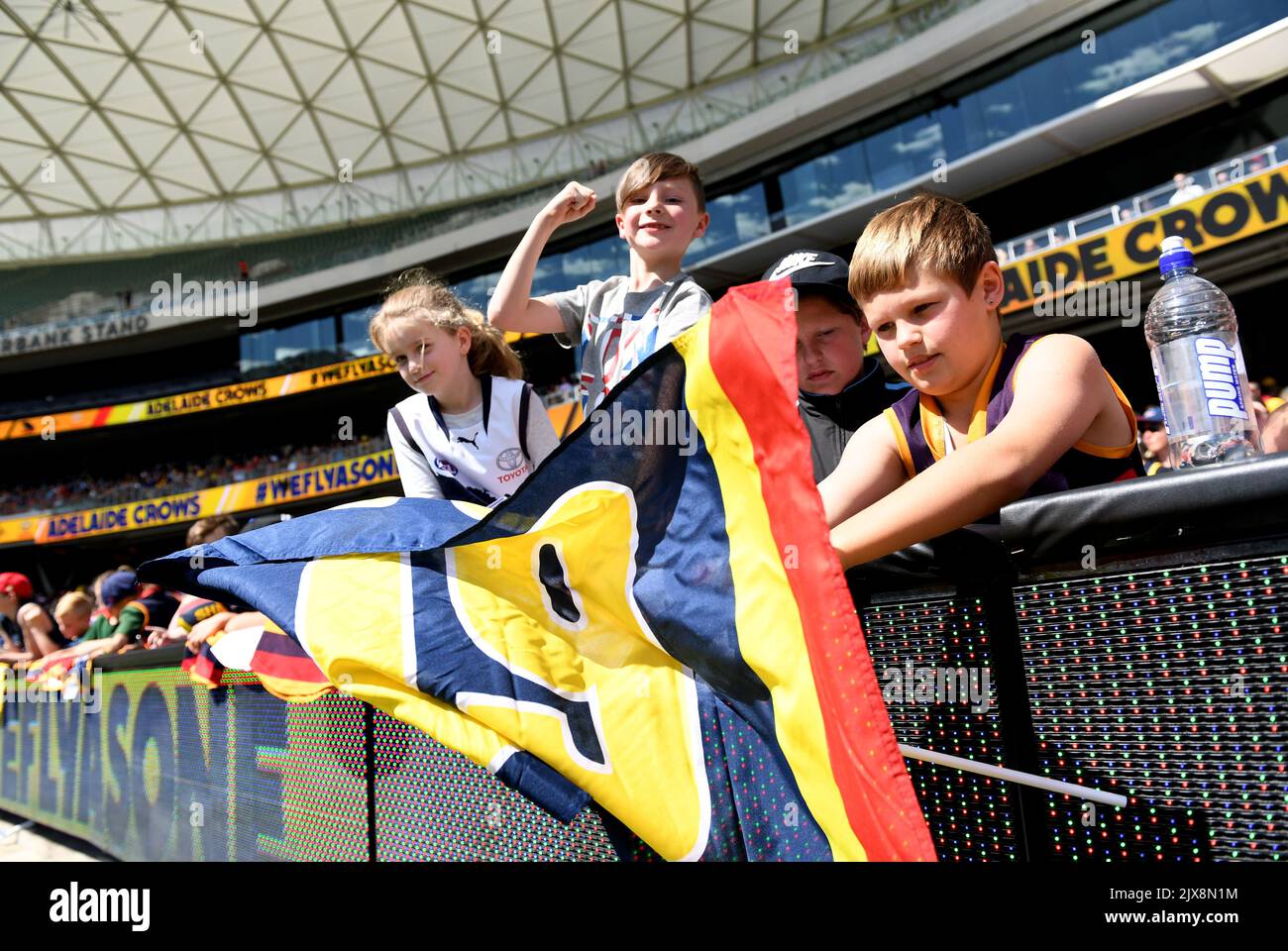 Adelaide Crows fans wave flags during a team training session at the ...