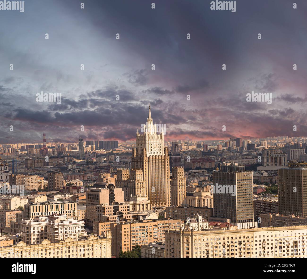 Aerial view of center of Moscow against the background of a romantic ...
