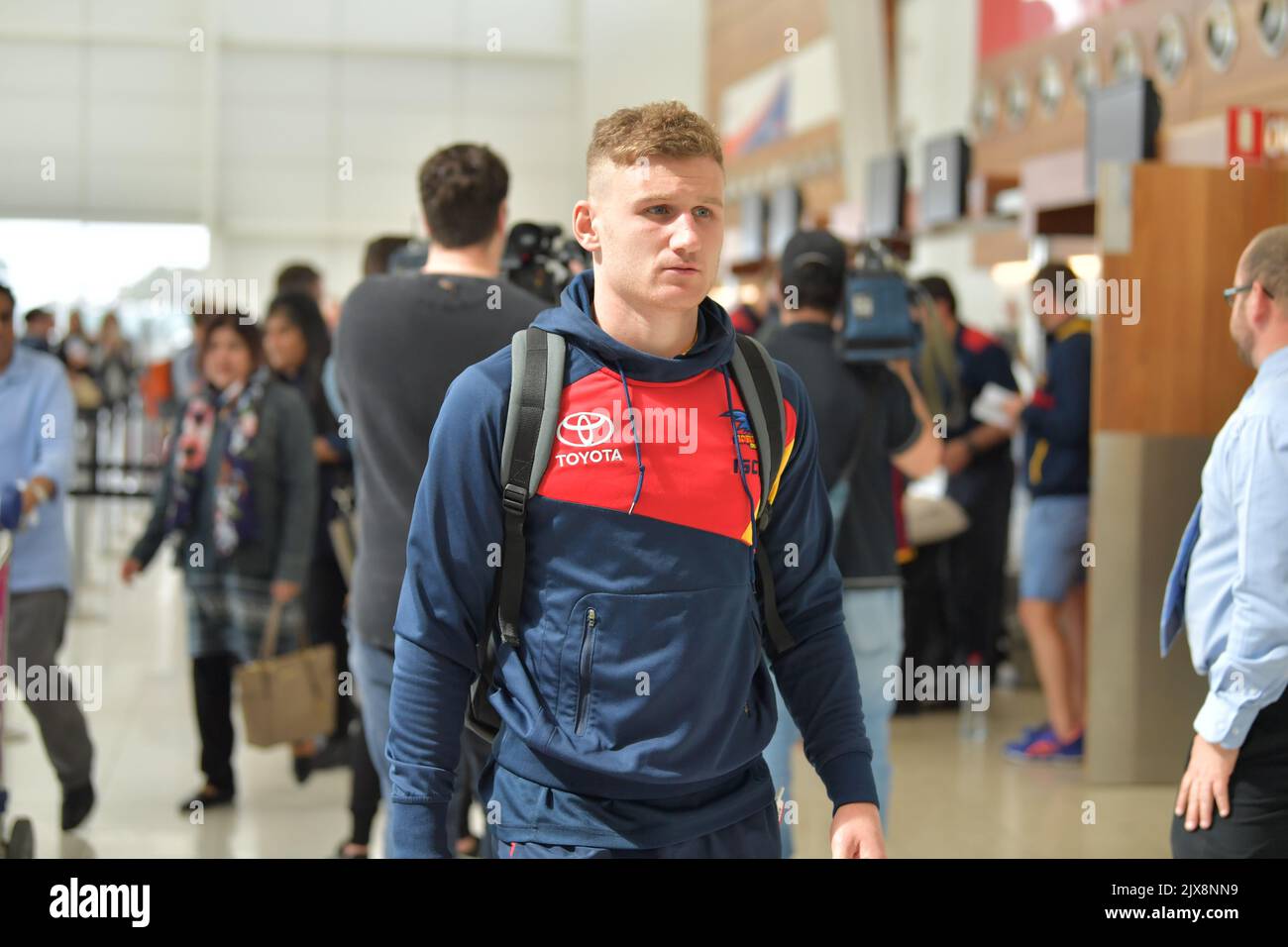 Rory Laird of the Adelaide Crows is seen at the Adelaide Airport after ...