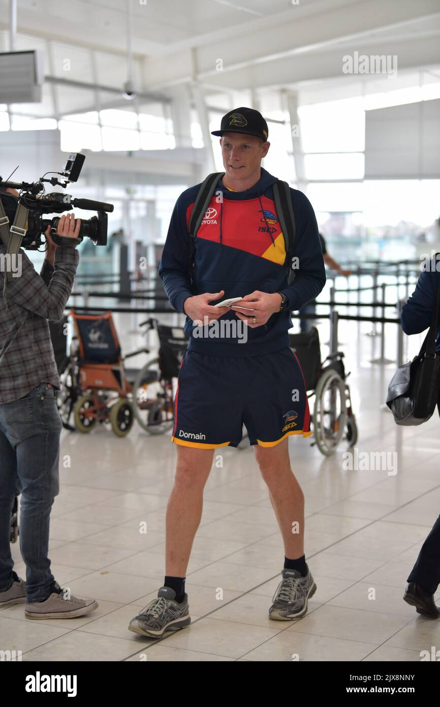 Sam Jacobs of the Adelaide Crows is seen at the Adelaide Airport after ...