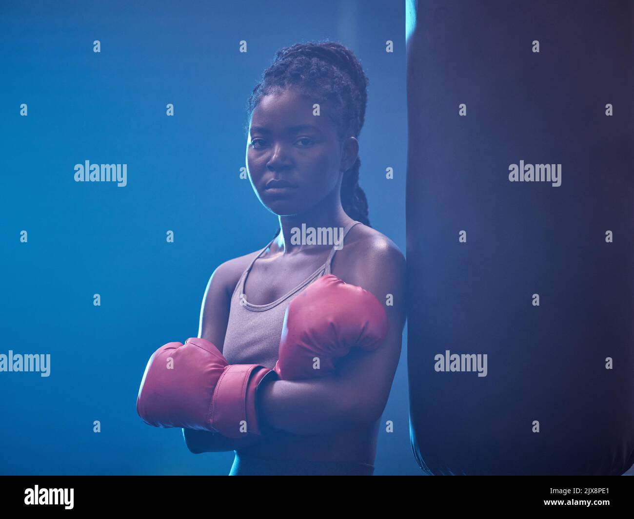 Fitness, boxer and gym of a black woman in sports professional for ...