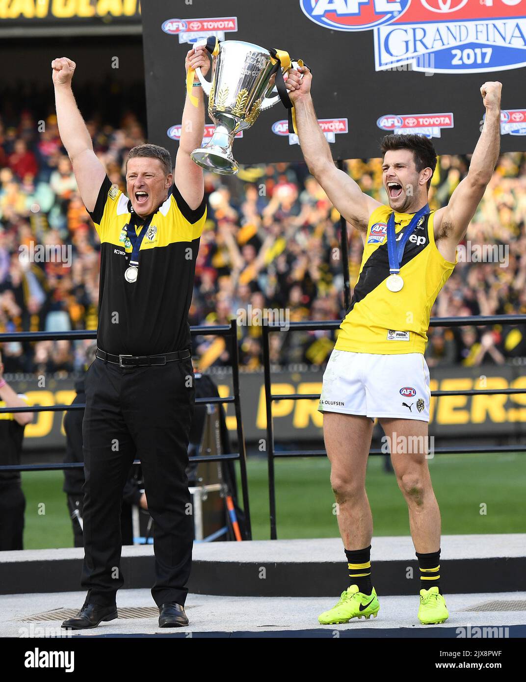 Coach Damien Hardwick (left) and captain Trent Cotchin of the Tigers ...