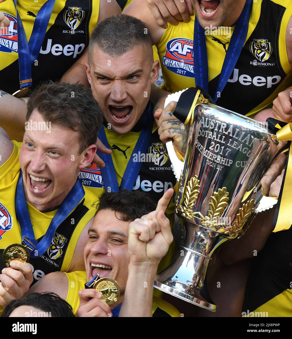 (L-R) Dylan Grimes, Dustin Martin and Dion Prestia of the Tigers react ...