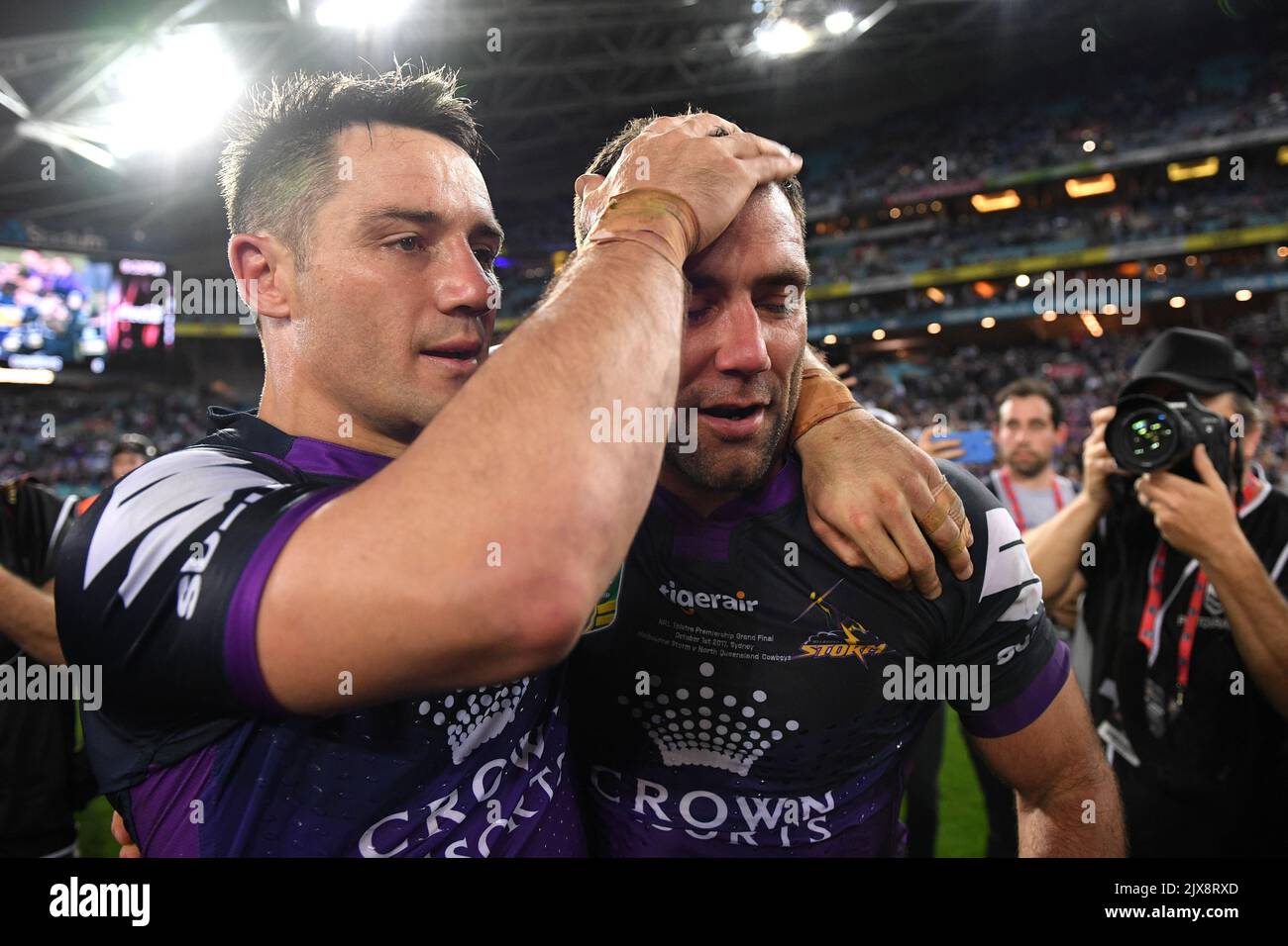 Cooper Cronk and Cameron Smith of the Storm celebrate victory over the ...