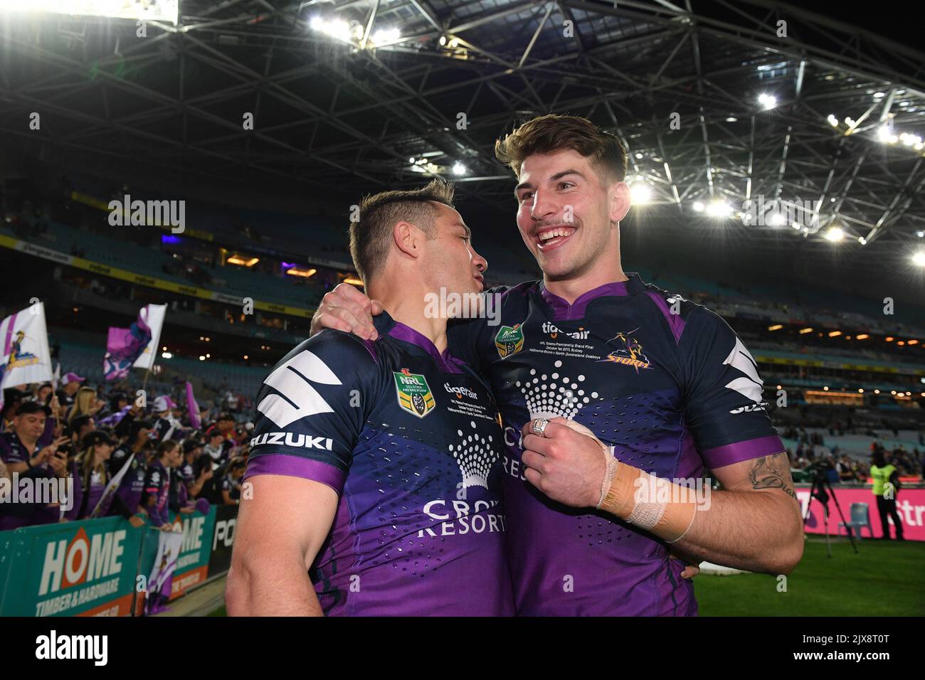 Cooper Cronk and Curtis Scott of the Storm celebrate victory over the ...