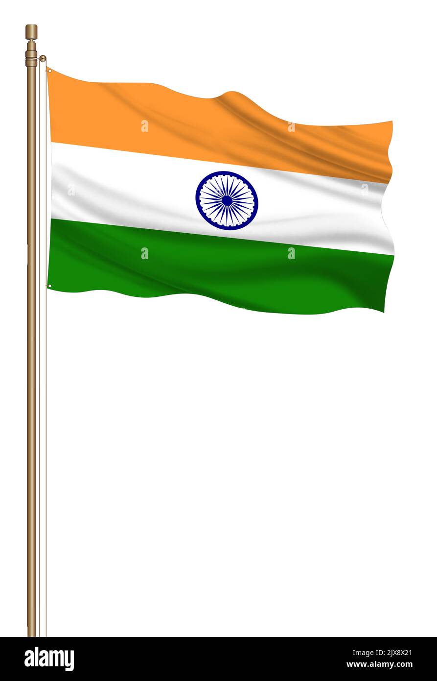 3D Flag of India on a pillar blown away isolated on a white background ...