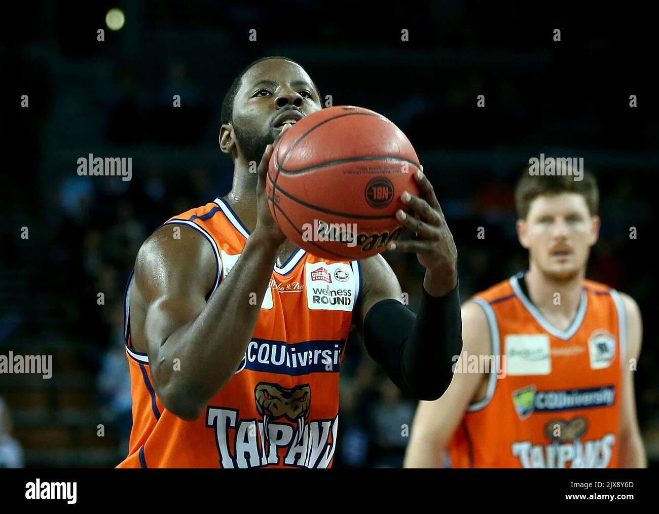 Dayshon Smith of the Taipans takes a free throw in the ANBL basketball match between the New ...