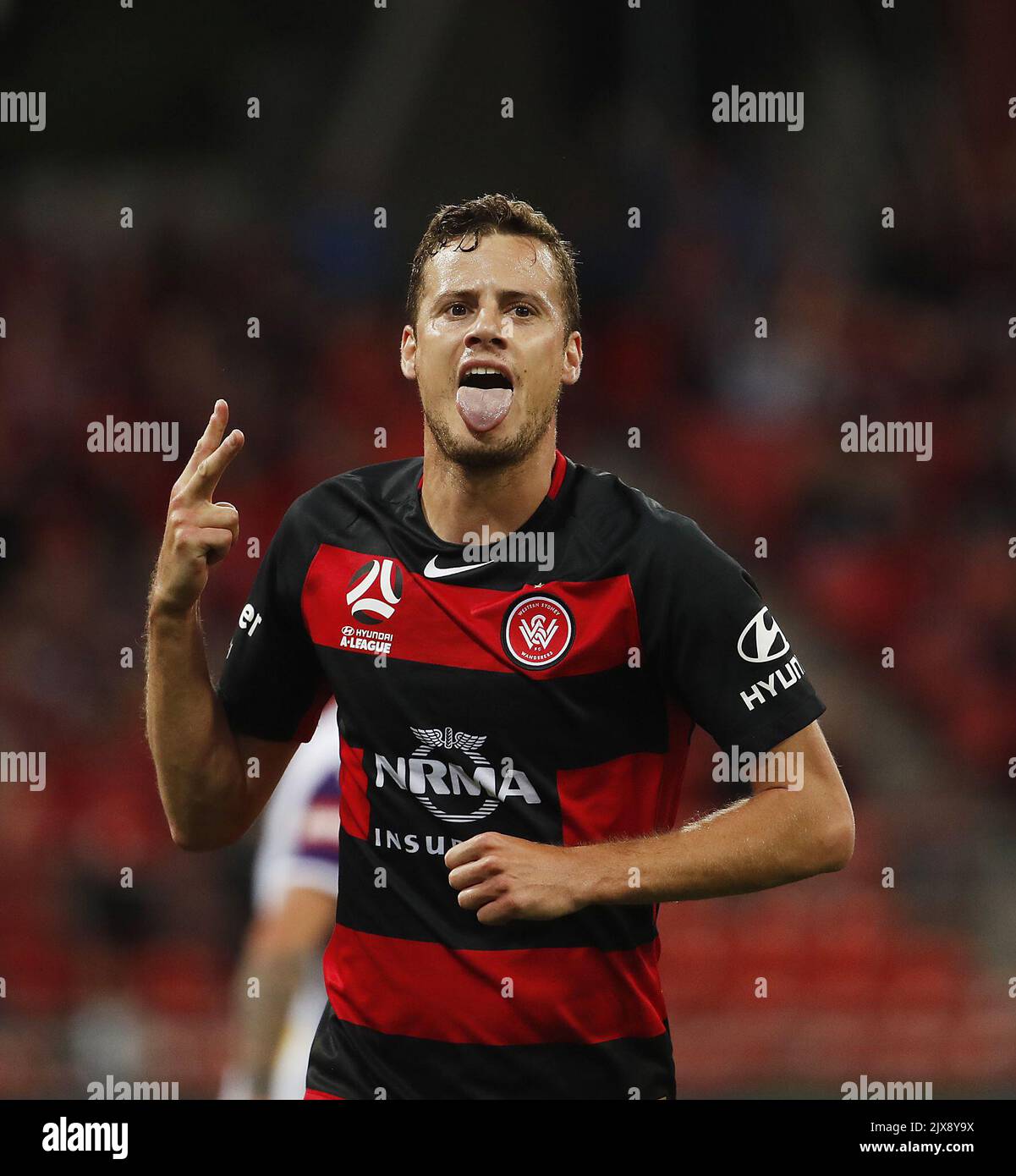 Oriol Riera of the Wanderers celebrates after scoring during A-League ...
