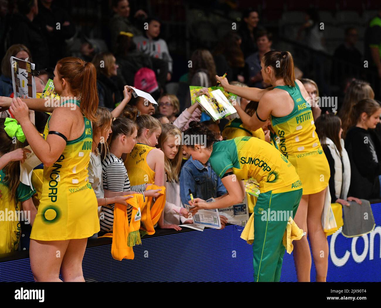 Australian players sign autographs after the netball Constellation Cup ...