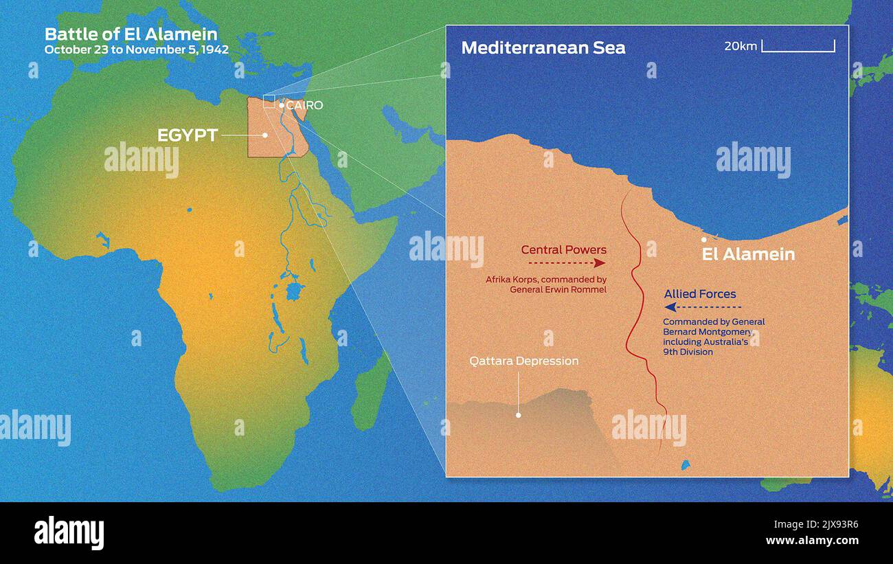 Graphic showing locations relating to the battle of El Alamein. October ...