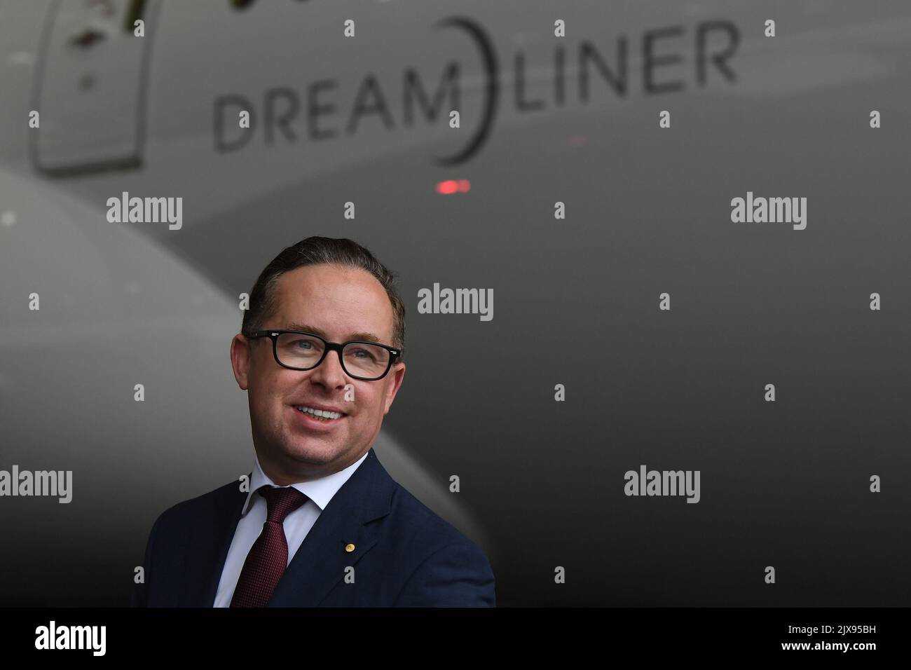 QANTAS CEO Alan Joyce stands in front of the new QANTAS Boeing 787 ...