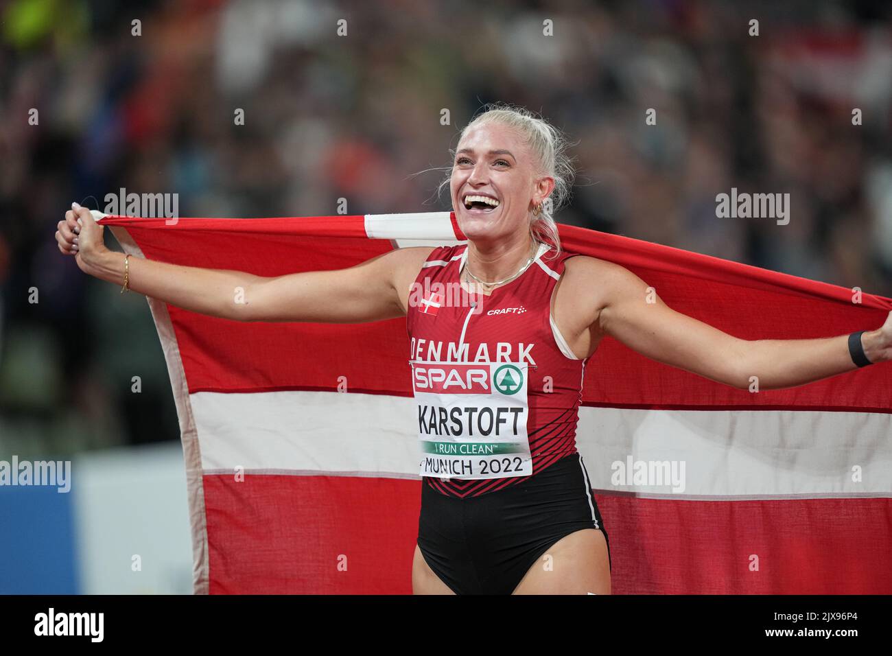 Ida Karstoft with her country's flag at the European Athletics ...