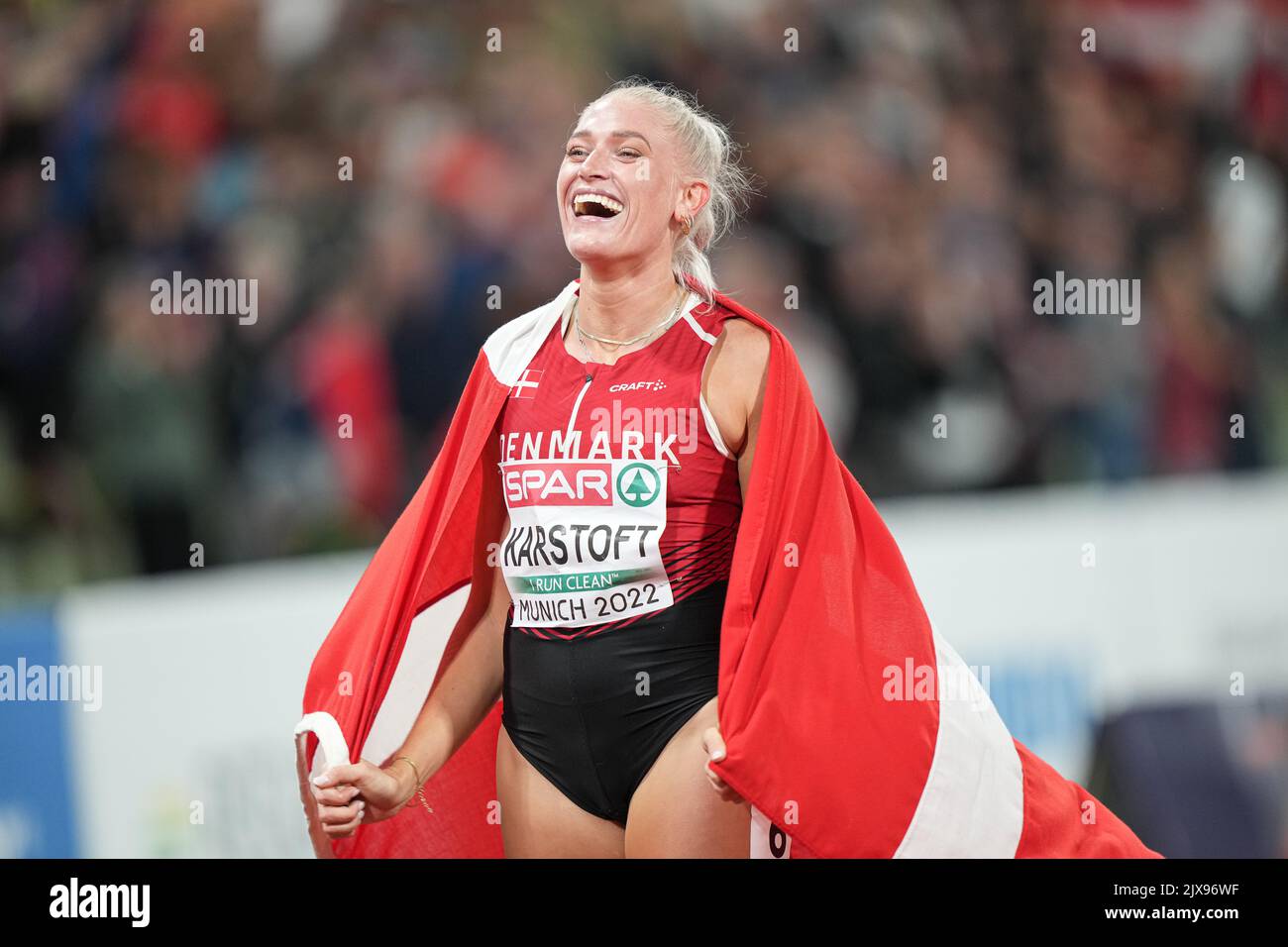 Ida Karstoft with her country's flag at the European Athletics ...