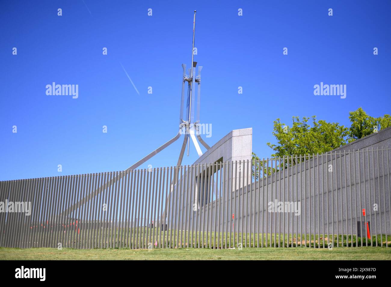 The newly build security fence is seen on the lawns outside Parliament ...