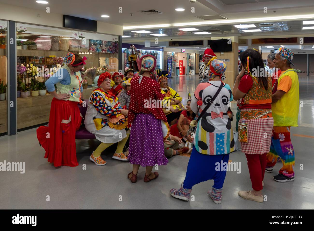 Israeli clown care troupe gather at the entrance lobby of Shaare Zedek ...