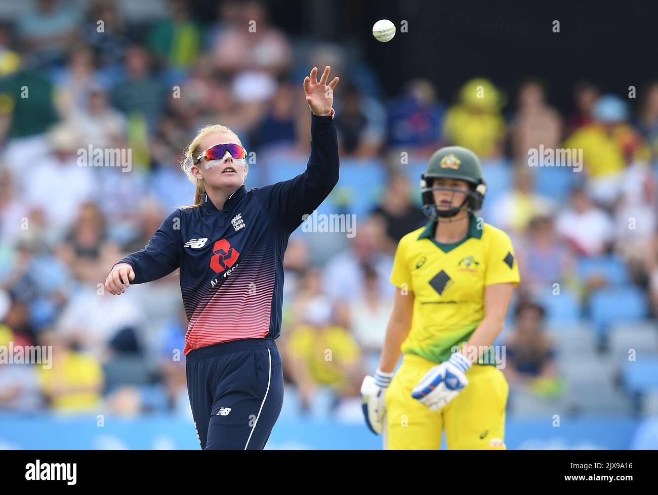 Sophie Ecclestone of England receives the ball during the second One ...