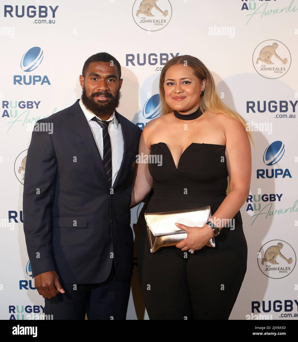 Wallabies player Marika Koroibete and his wife Emma pose for a ...