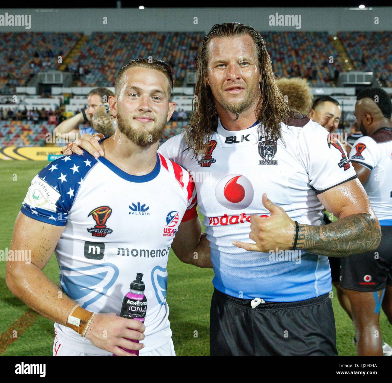 Ryan Burroughs of USA and Ashton Sims of Fiji chat after the full time ...