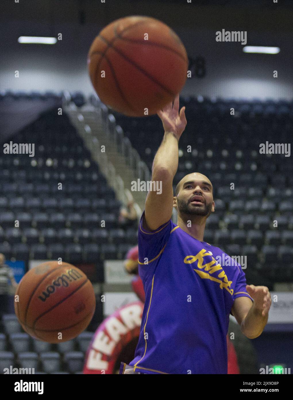 Perry Ellis of the Kings warms up before the Round 4 NBL match between ...