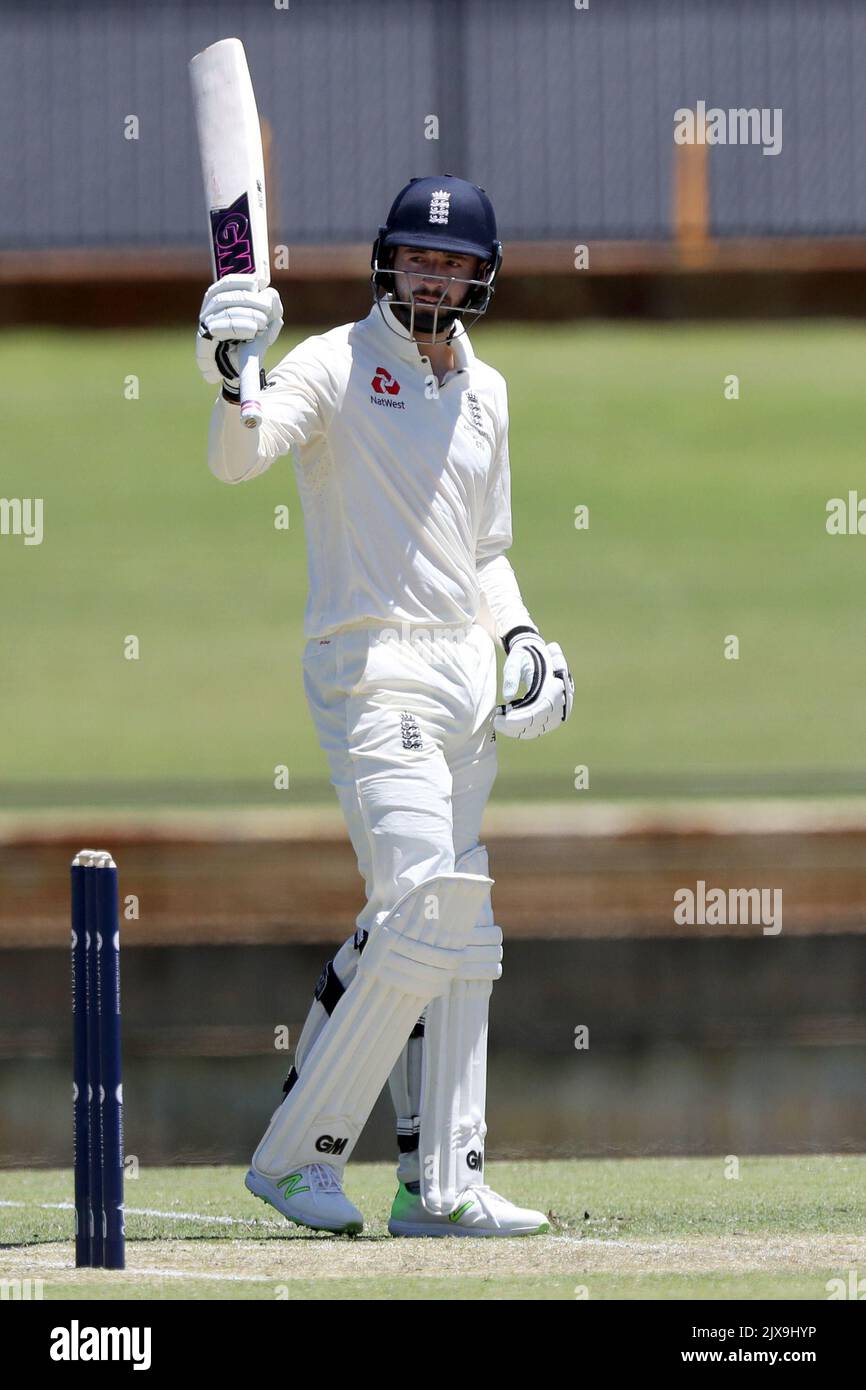 James Vince of England lifts his bat on reaching 59 runs during the ...