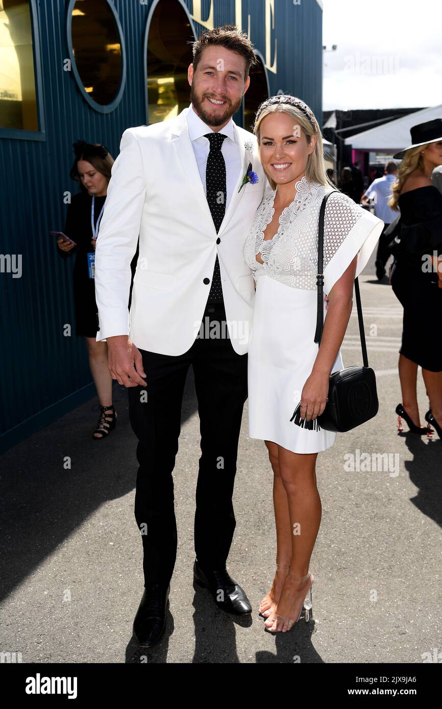 AFL Carlton player Dale Thomas and Hayley Robertson in the Birdcage on Victoria Derby day at ...