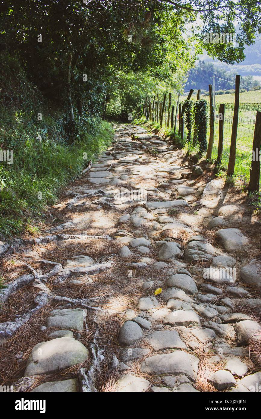 Ancient roman road in mountains, Spain. Old trade stone road with fence ...