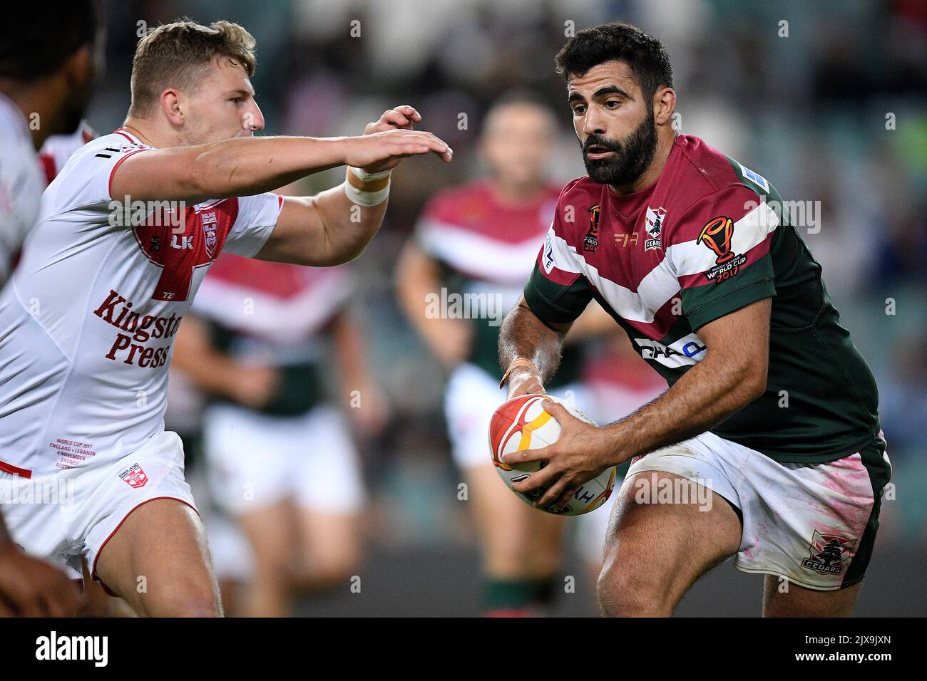 Nick Kassis of Lebanon makes a break during the Pool A Rugby League ...