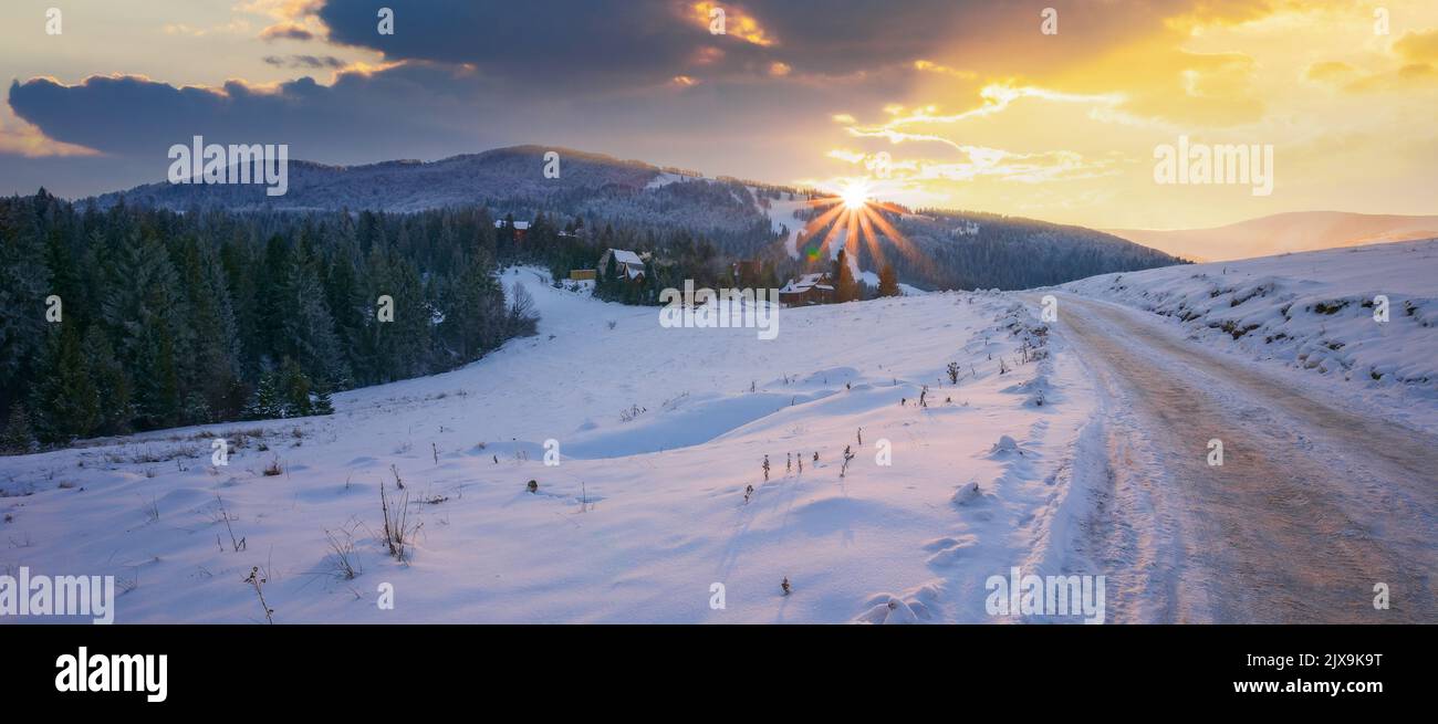 countryside landscape in mountains at sunset. beautiful scenery with ...