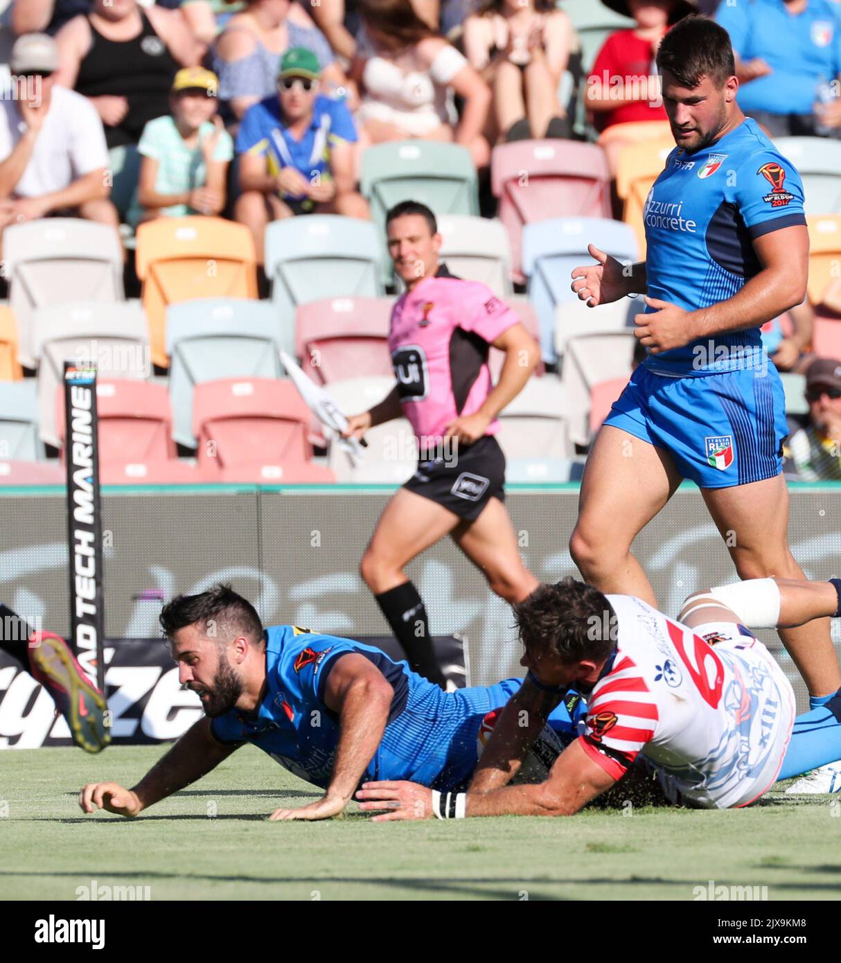 James Tedesco of Italy scores a try during the Rugby League World Cup ...