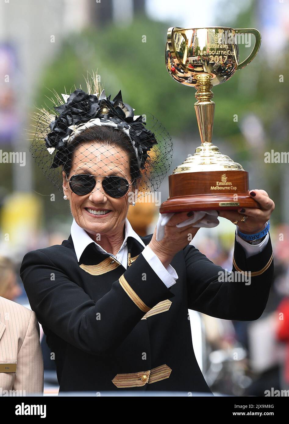 Victoria Racing Club Chair Amanda Elliot holds the Melbourne Cup as the ...