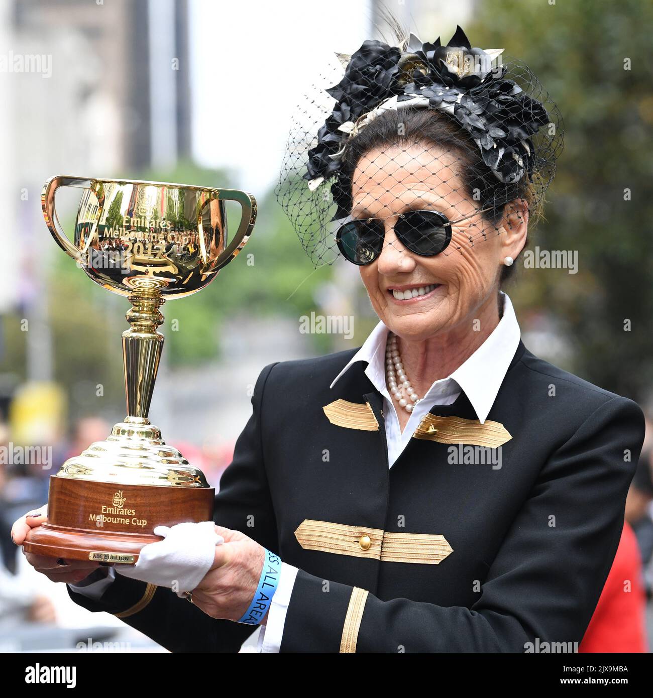 VCR Chairman Amanda Elliot is seen with the Melbourne Cup trophy as the ...