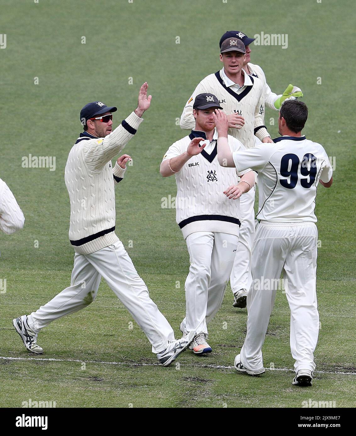 Chris Tremain (99) of Victoria celebrates the wicket of Johnathon ...