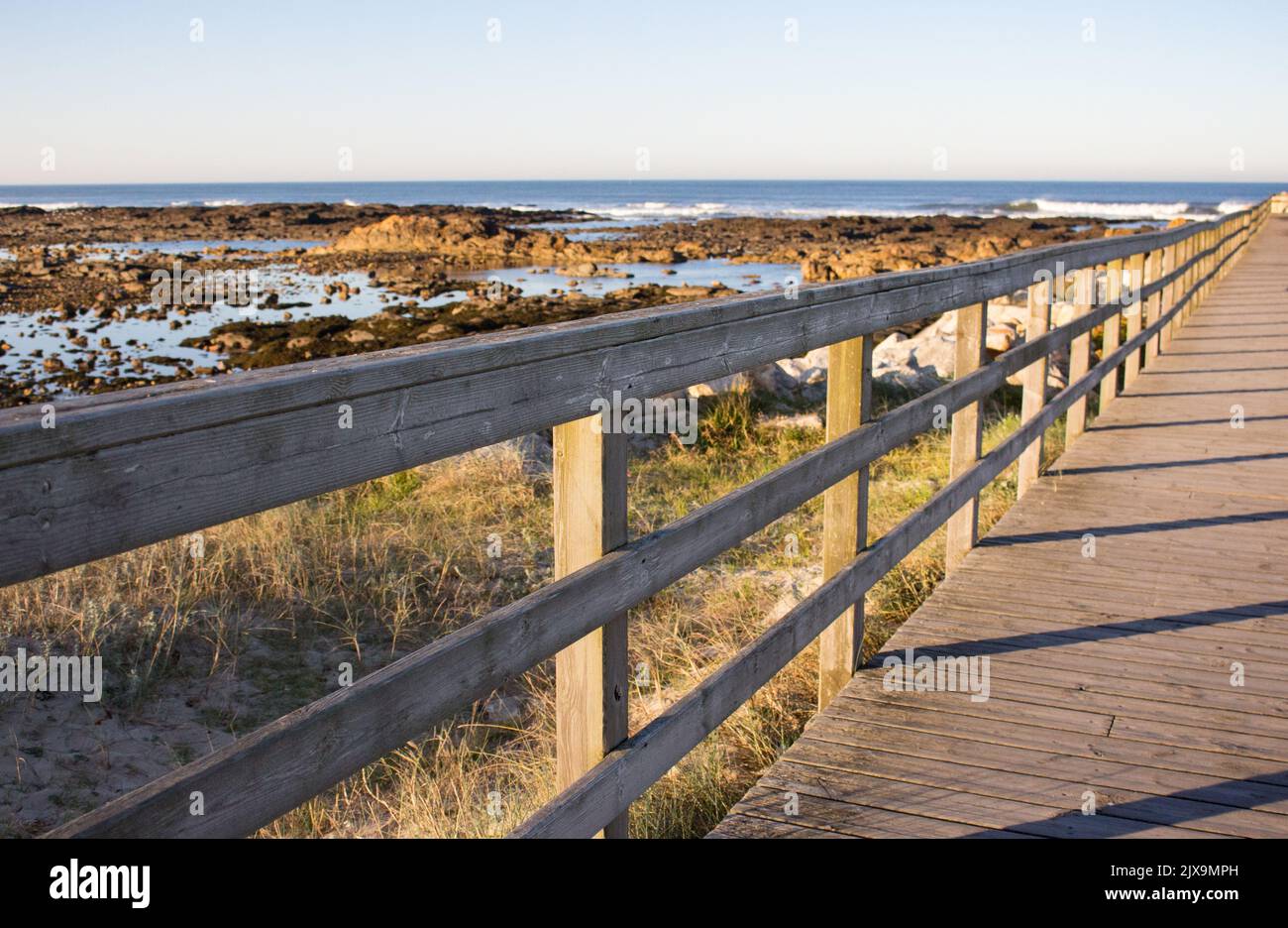 Wooden pier with grass on Atlantic ocean coast, Portugal. Wooden ...