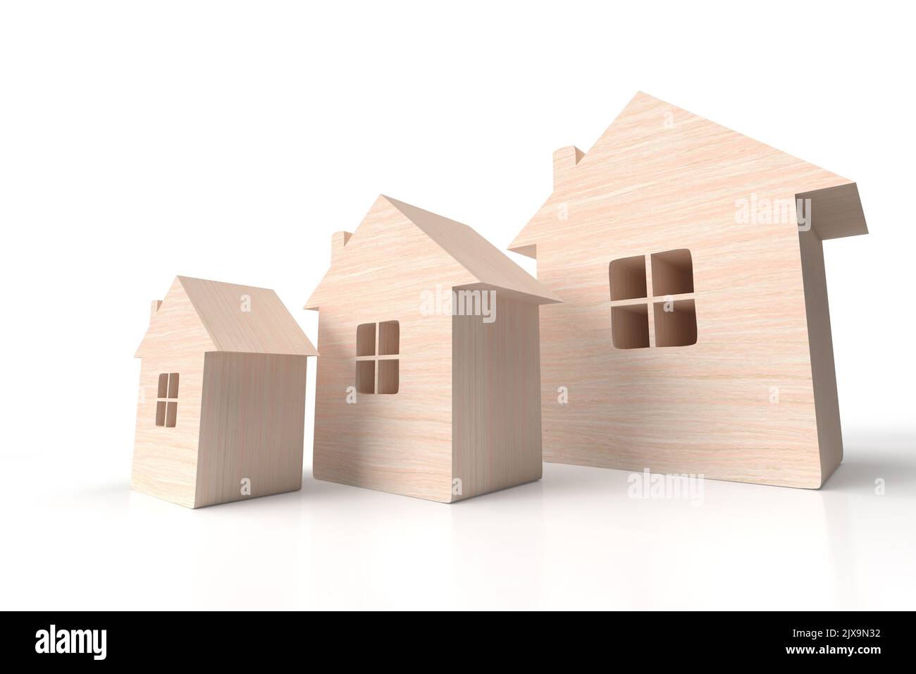 3d illustration. Three houses made of light wood of different sizes on ...