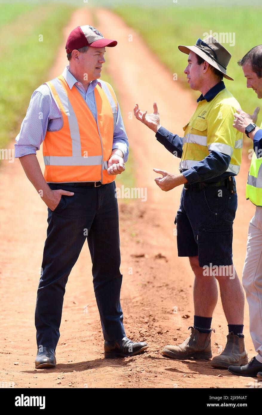 Queensland Opposition Leader Tim Nicholls (left) chats to sweet potato ...
