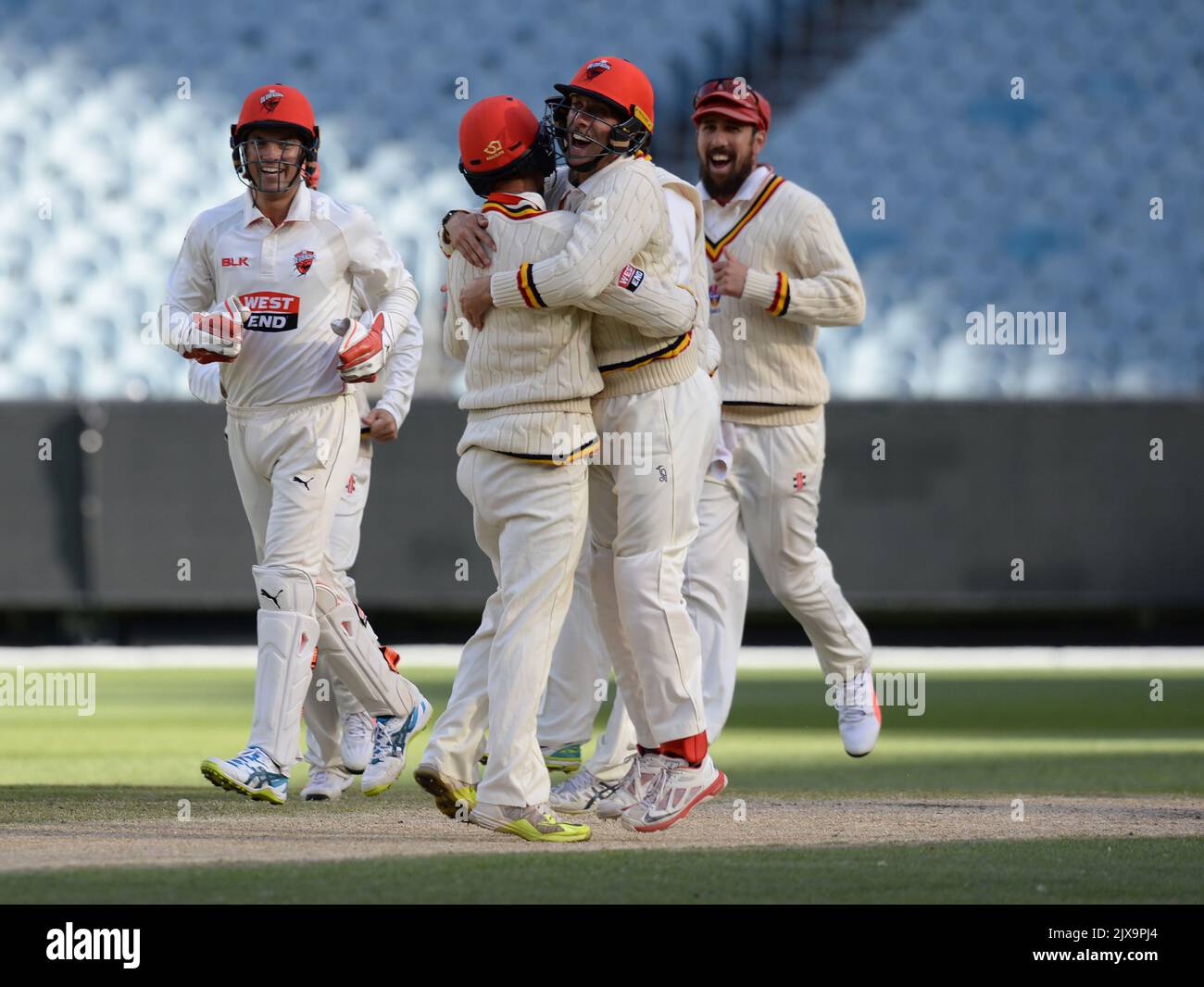 Adelaide player celebrate the wicket of Victoria'€™s Chris Tremain ...