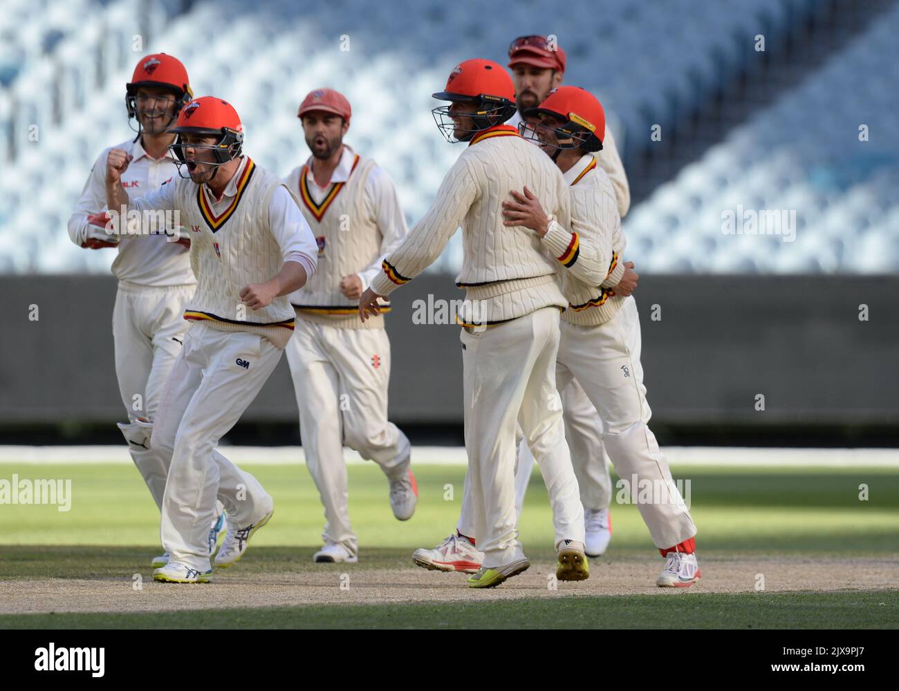 Adelaide player celebrate the wicket of Victoria's Chris Tremain during ...