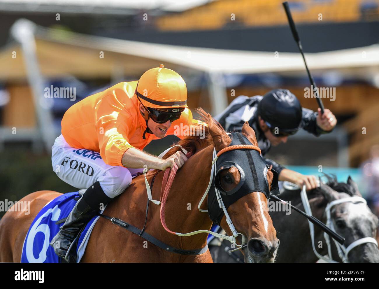 Jockey Jay Ford riding Intueri to win race 5 the Hyland Race Colours ...